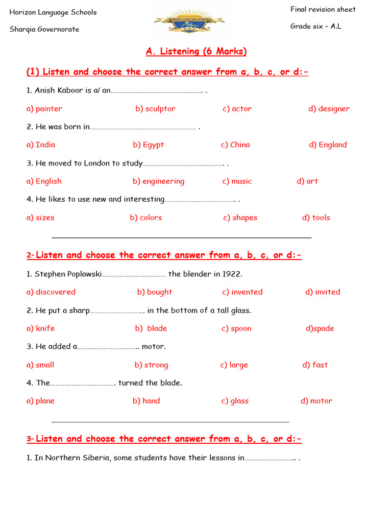 Grade 6 Listening and Reading Revision Sheet | PDF