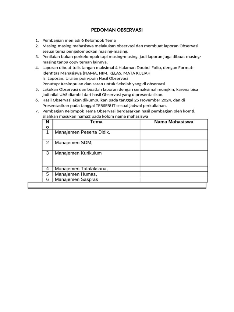Pedoman Observasi Manajemen Pendidikan Nov 2024 | PDF