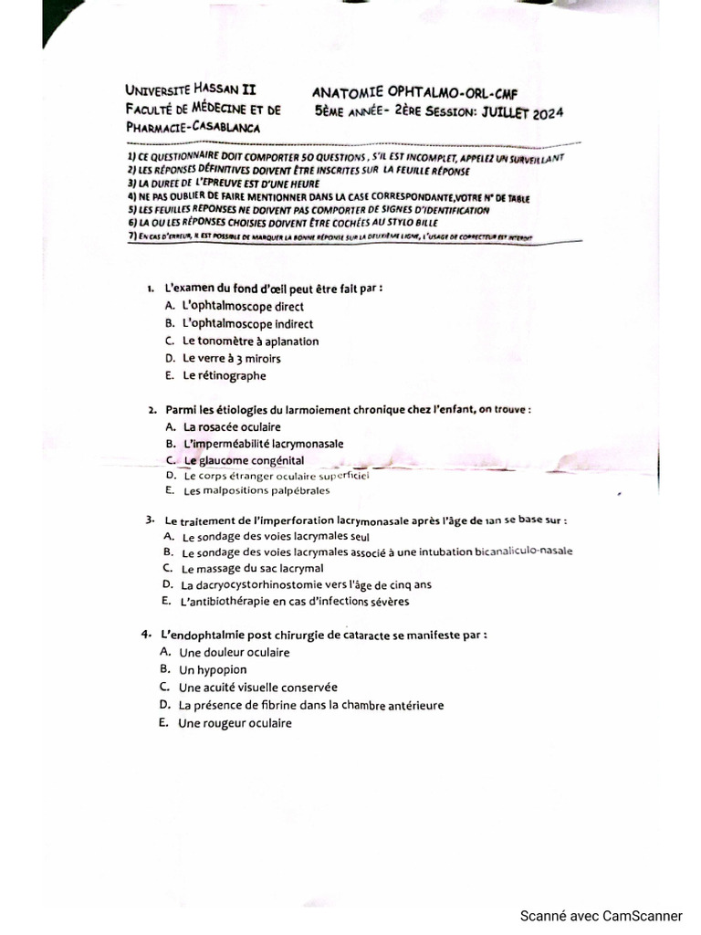 Examen Optha Gyneco Et Uro Ratt s10 | PDF