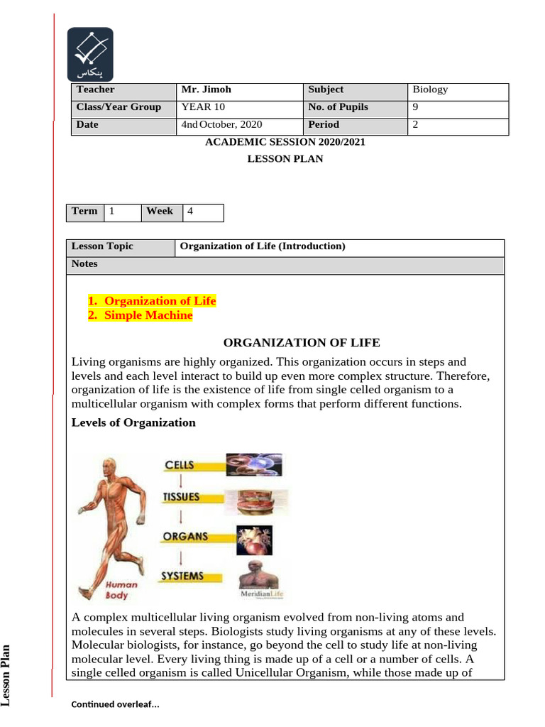 Bio 10 Wk4 Organization of Life (Note) | PDF | Tissue (Biology) | Cell ...