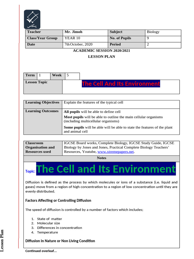 Bio 10 Wk5 Cell & Its Envt (Note) | PDF | Osmosis | Cell Biology