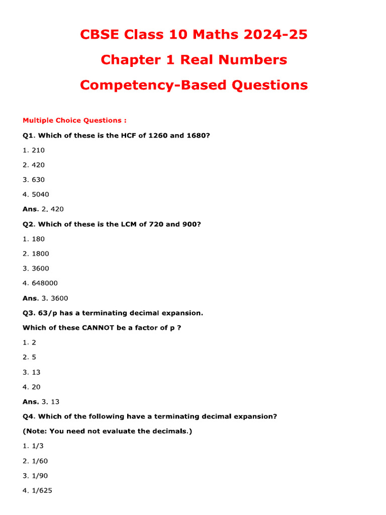 Real Numbers (Competency Based Questions | PDF