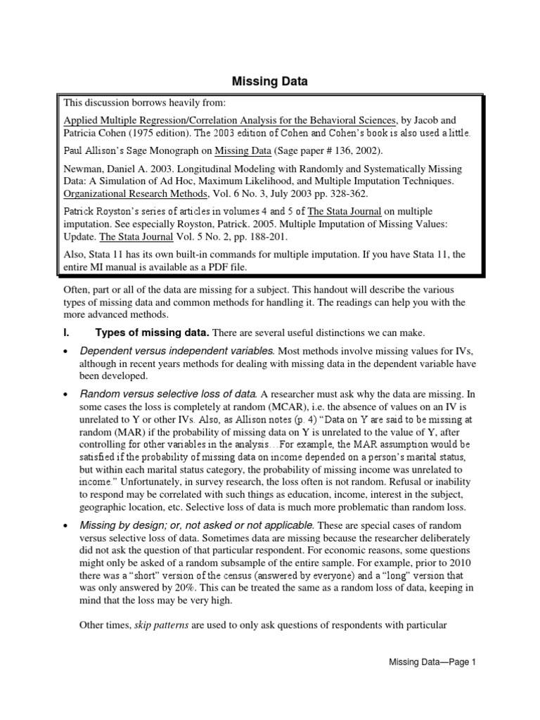 Missing Data: I. Types of Missing Data. There Are Several Useful ...