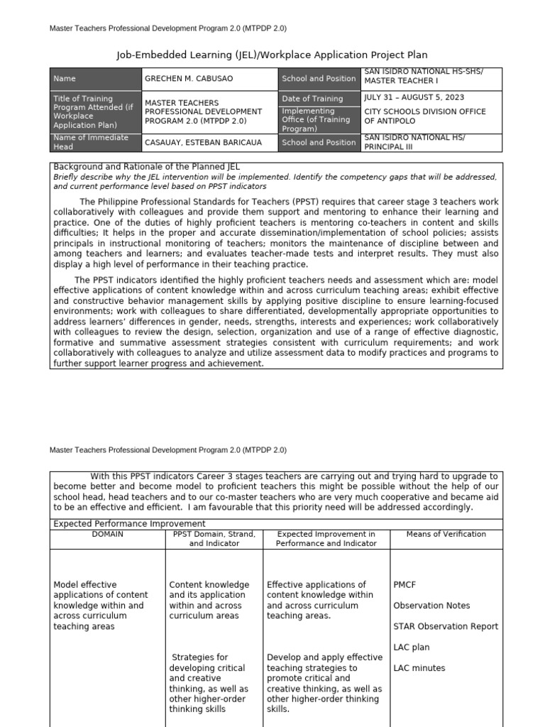 MTPDP 2.0 Job-Embedded Learning Plan | PDF | Educational Assessment ...
