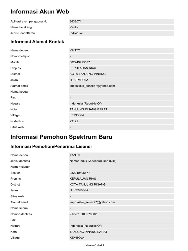 Informasi Pendaftaran Akun Pengguna | PDF