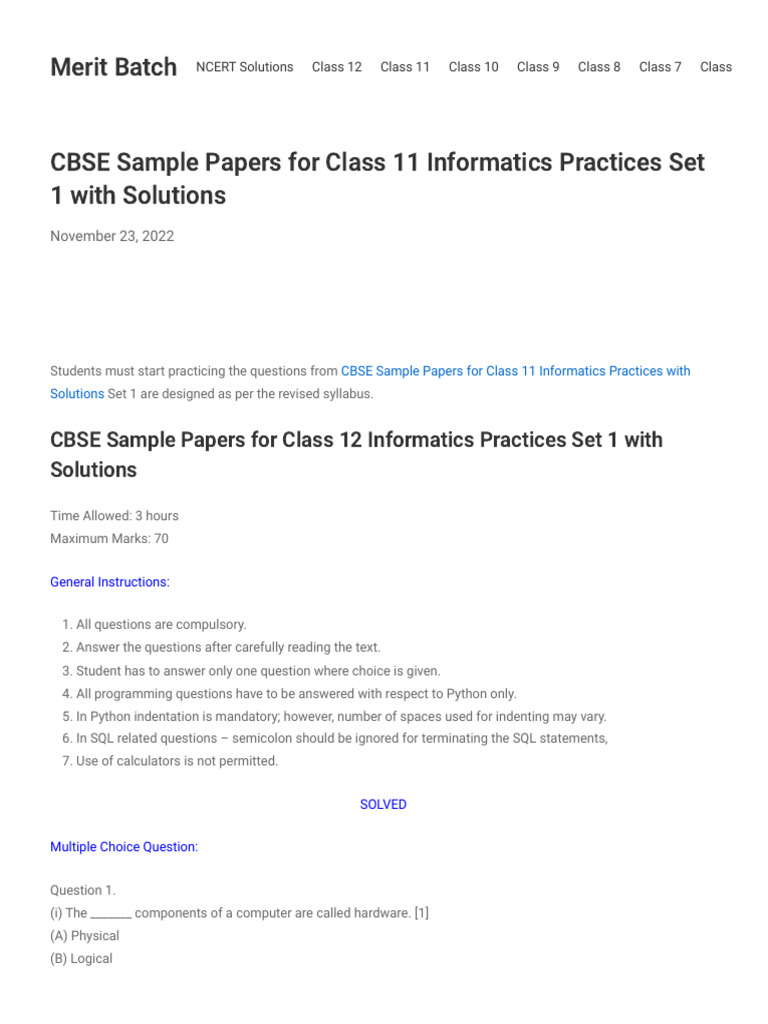 CBSE Sample Papers For Class 11 Informatics Practices Set 1 With ...