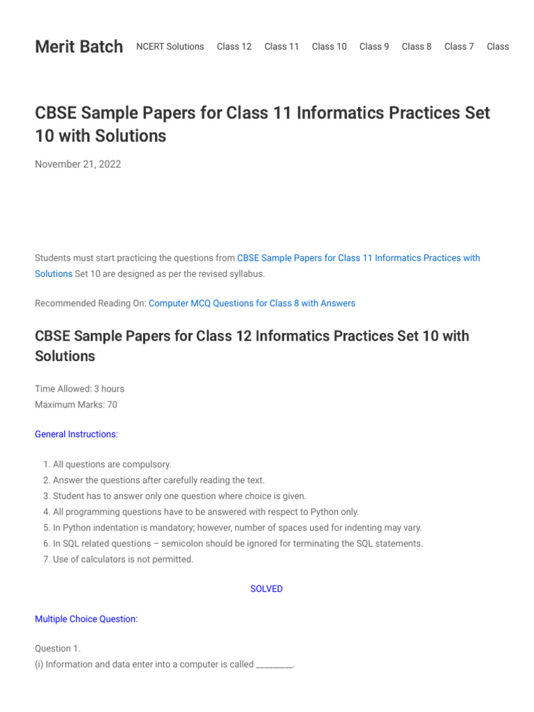 CBSE Sample Papers For Class 11 Informatics Practices Set 10 With Solutions - Merit Batch | PDF ...