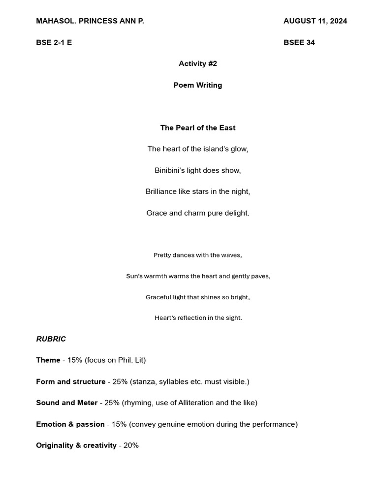 Poem Writing Activity: The Pearl of the East | PDF