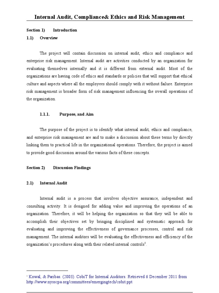 Internal Audit, Compliance& Ethics and Risk Management: Section 1) 1.1 ...