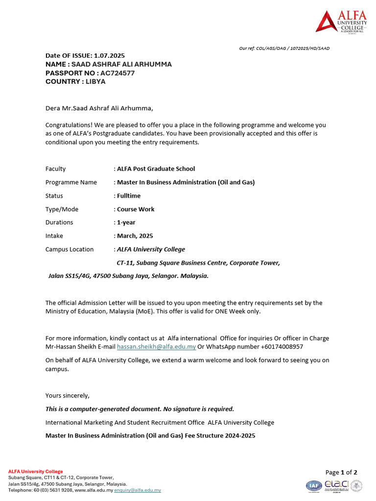 MBA-OIL AND GAS-OFFERE LETTER EL SAAD ASHRAF ALI ARHUMMA DATE 1072025 ...