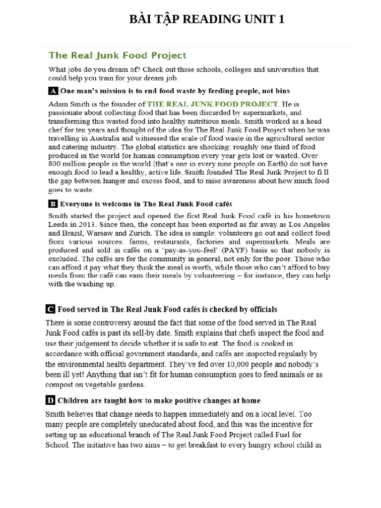 BÀI TẬP READING UNIT 1 | PDF
