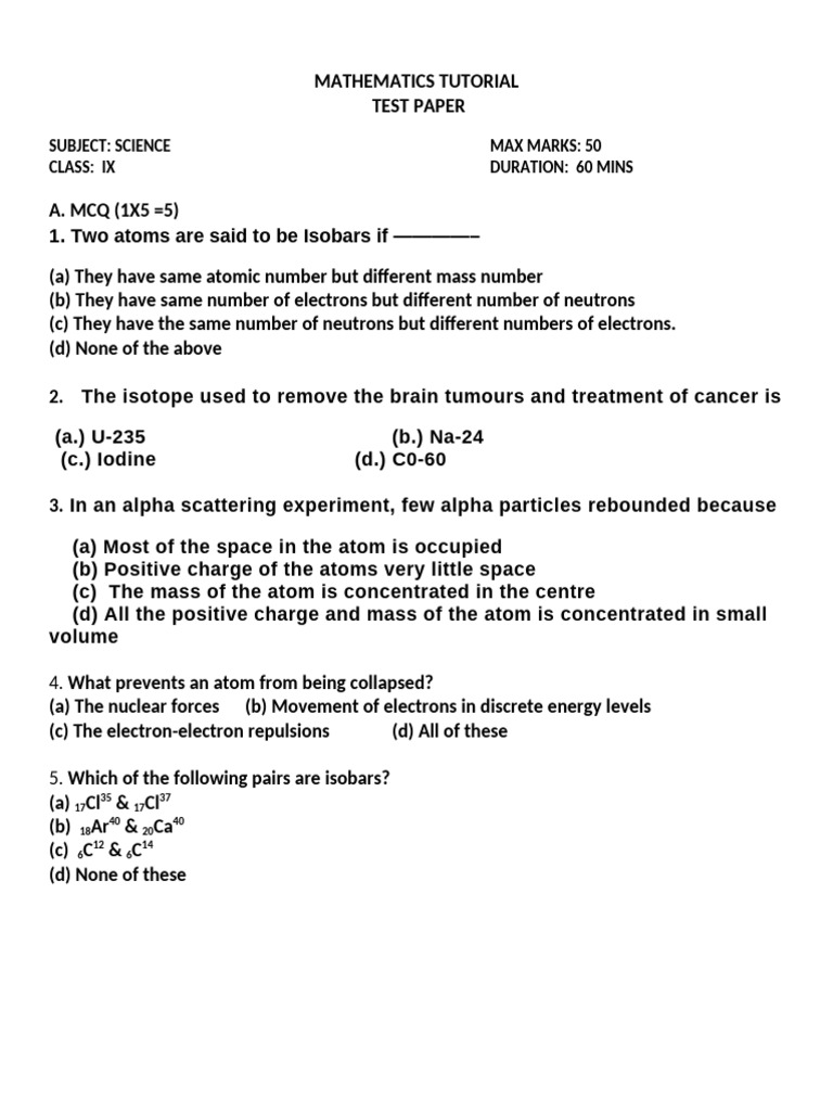 Year 9 Atomic Structure Test Paper | PDF | Atoms | Electron