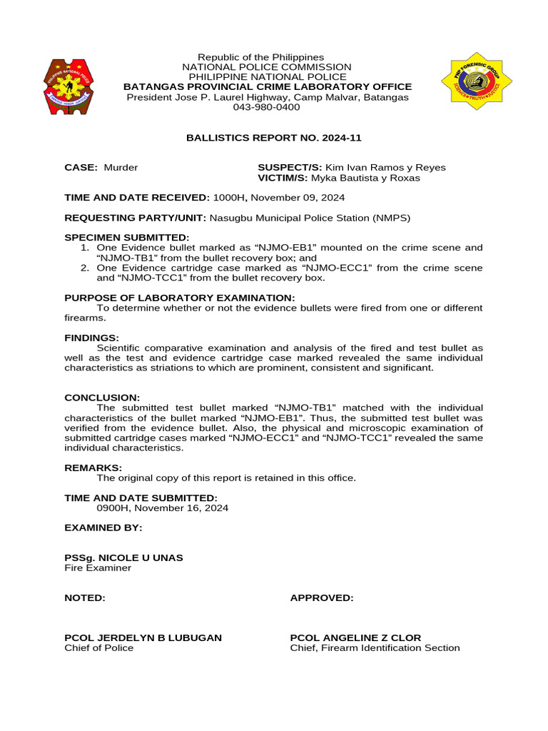 Ballistics Report: Murder Case Analysis | PDF | Bullet | Crime Scene