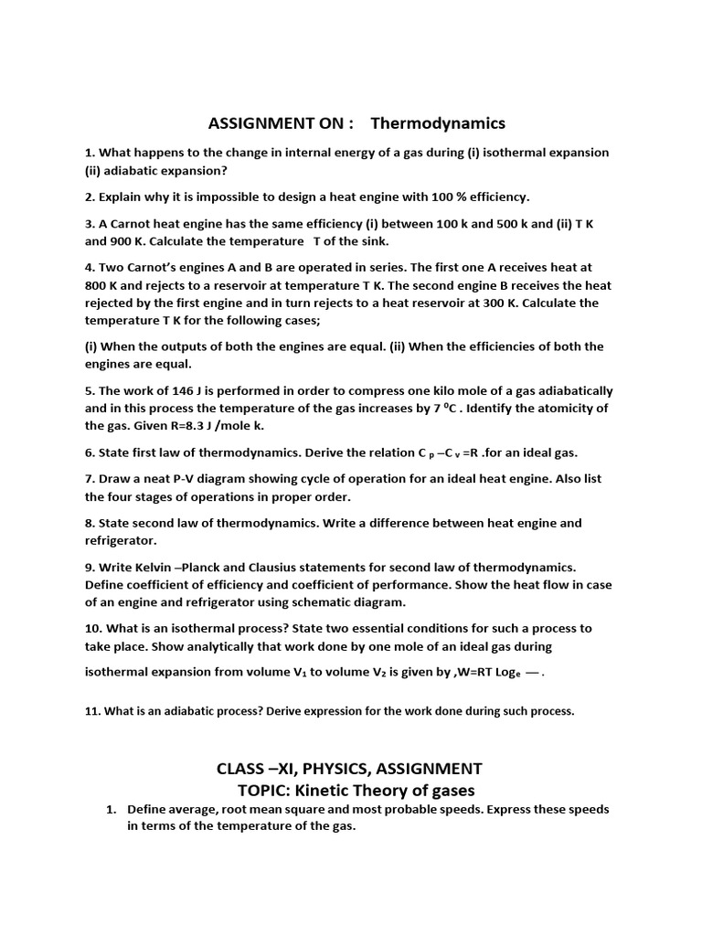 Assignment On Thermodynamics KTG | PDF | Gases | Heat