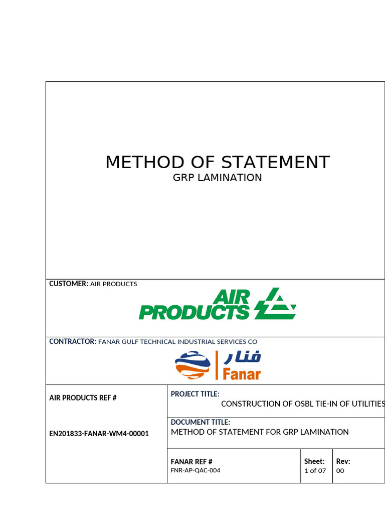 01-06-2024 AP Method of Statement For GRP Lamination | PDF | Fiberglass | Supervisor