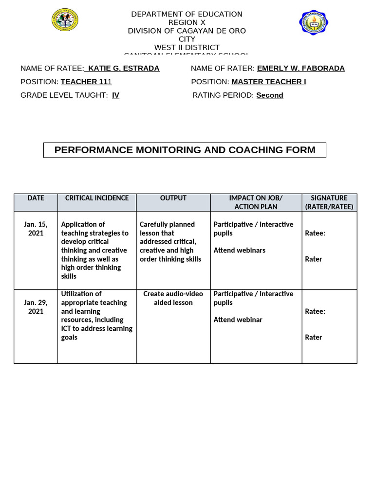 PERFORMANCE MONITORING AND COACHING FORM... Merly | PDF