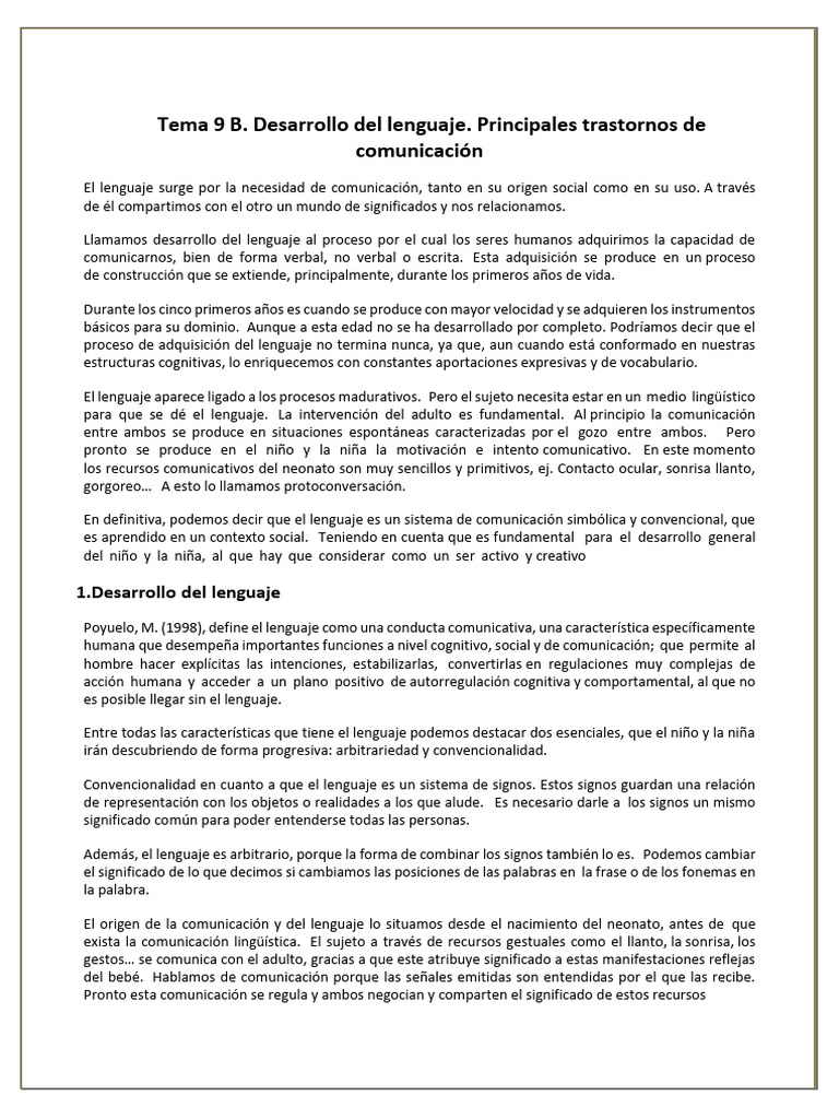 Tema 9 B. Desarrollo Del Lenguaje. Principales Trastornos de Comunicación | PDF | Aquisición de ...