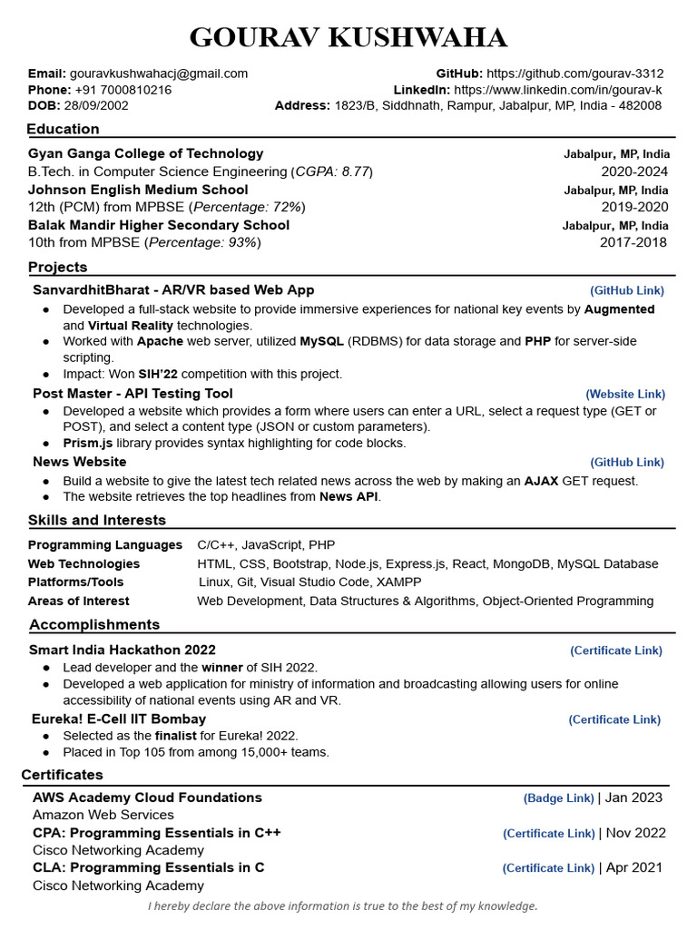 Gourav Kushwaha Resume - Gourav Kushwaha | PDF | World Wide Web | Internet & Web