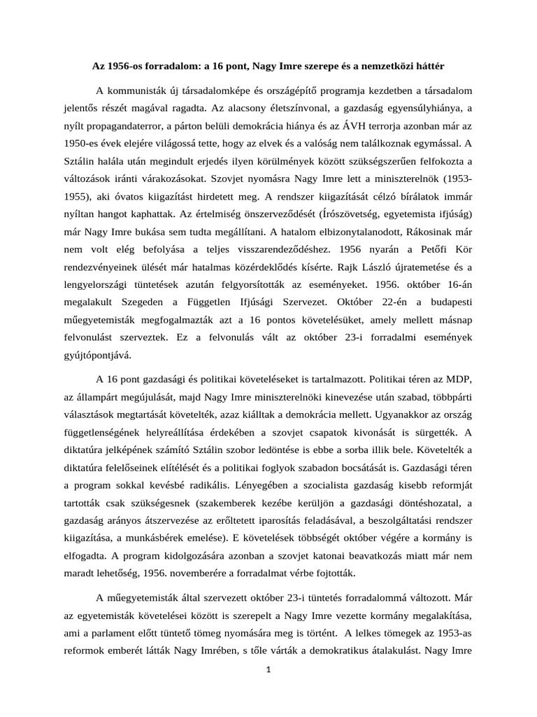 Az 1956-Os Forradalom - A 16 Pont, Nagy Imre Szerepe És A Nemzetközi Háttér | PDF