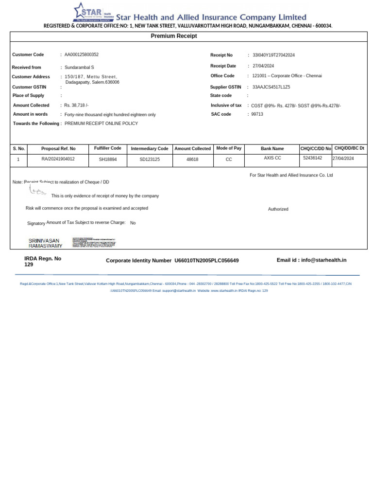 Premium Receipt for Star Health Insurance | PDF | Money | Economies
