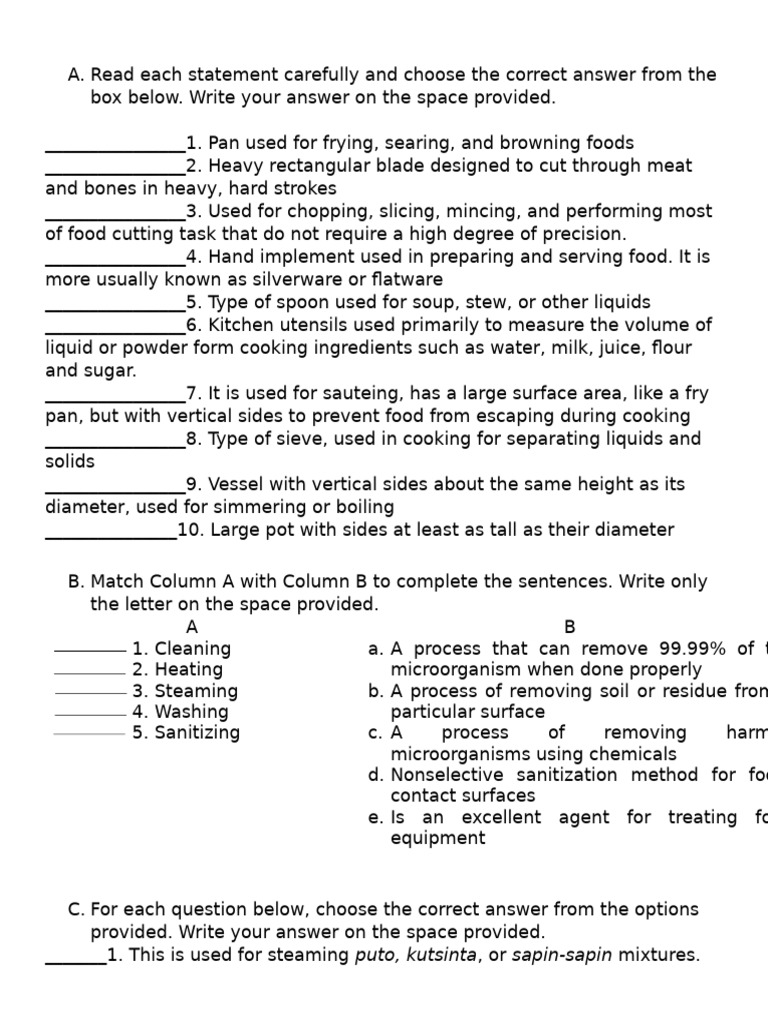 LOng Quiz TLE 8 | PDF | Cooking | Sautéing