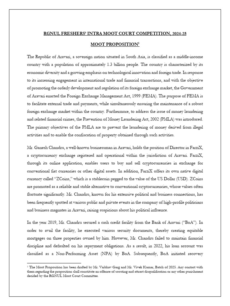 Moot Proposition- RGNUL Freshers' Intra Moot, 2025 | PDF | Cryptocurrency | Justice