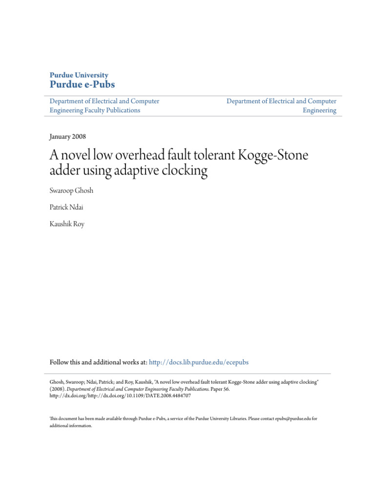 A Novel Low Overhead Fault Tolerant Kogge-Stone Adder Using Adapt | PDF ...
