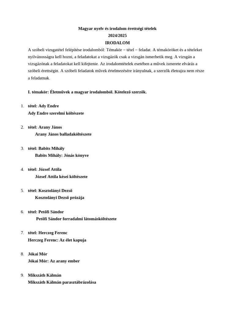 2024-2025 - Magyar Nyelv És Irodalom Érettségi Tételek-Hirdet | PDF