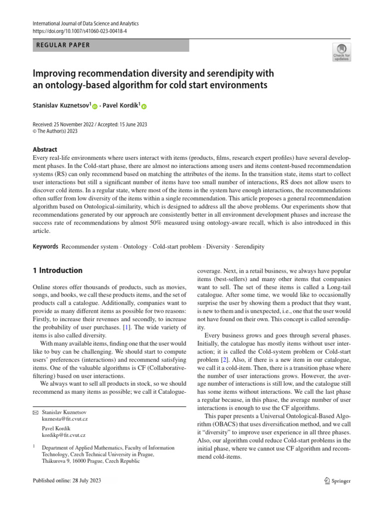 Improving Recommendation Diversity and Serendipity With An Ontology-Based Algorithm For Cold ...