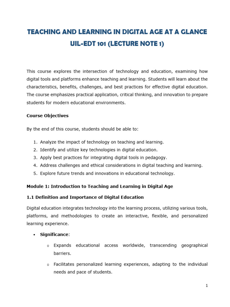 UIL-EDT 101_Teaching and Learning in Digital Age at A Glance (Lecture Note 1) | PDF ...