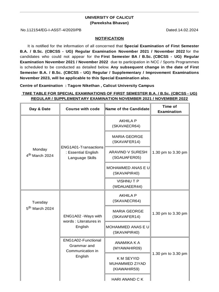 Time Table for Special Examination - First Semester November 2022 ...