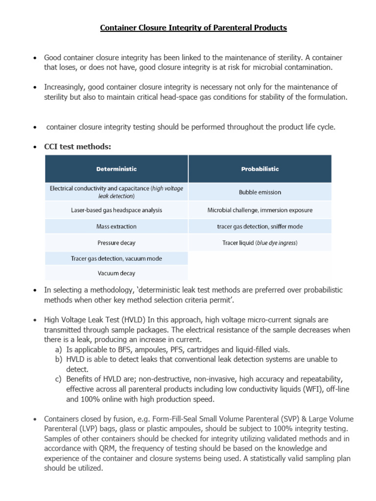 Summary - Container Closure Integrity of Parenteral Product | PDF ...