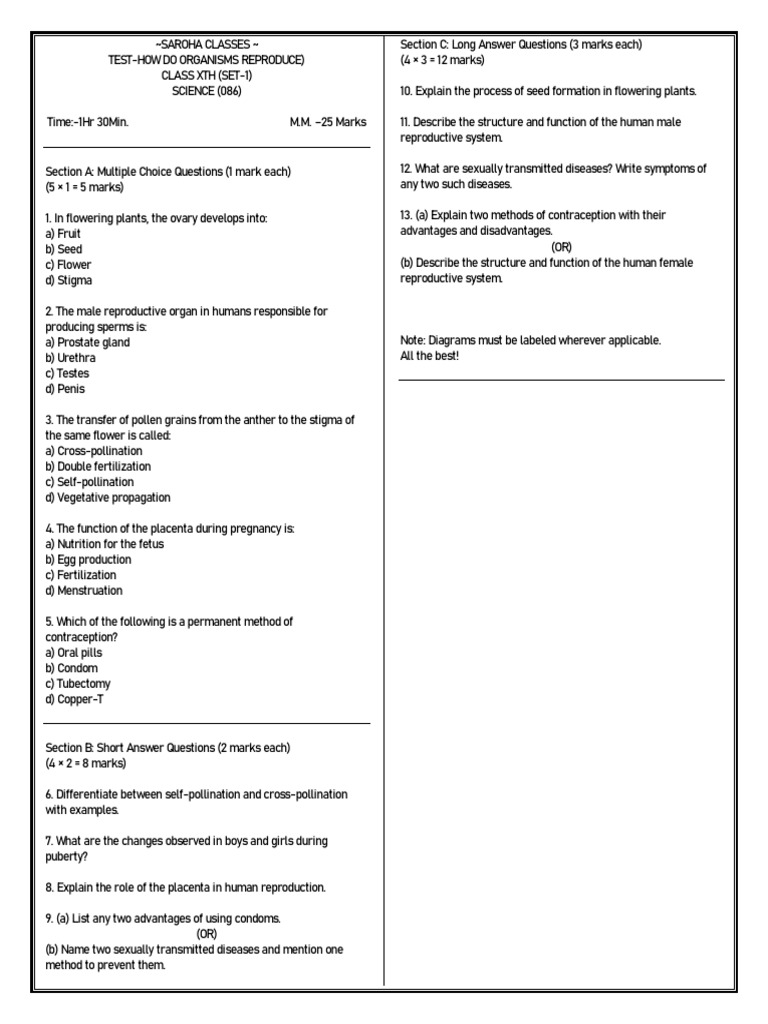 10th Test Sexual Reproduction Part | PDF | Flowers | Birth Control