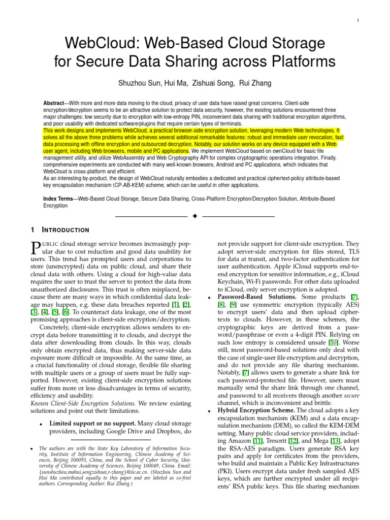 WebCloud Web-Based Cloud Storage for Secure Data Sharing Across Platforms | PDF | Encryption ...
