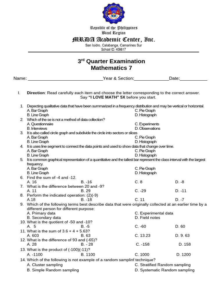 Math 7 3rd Quarter Exam Questions | PDF | Integer | Sampling (Statistics)