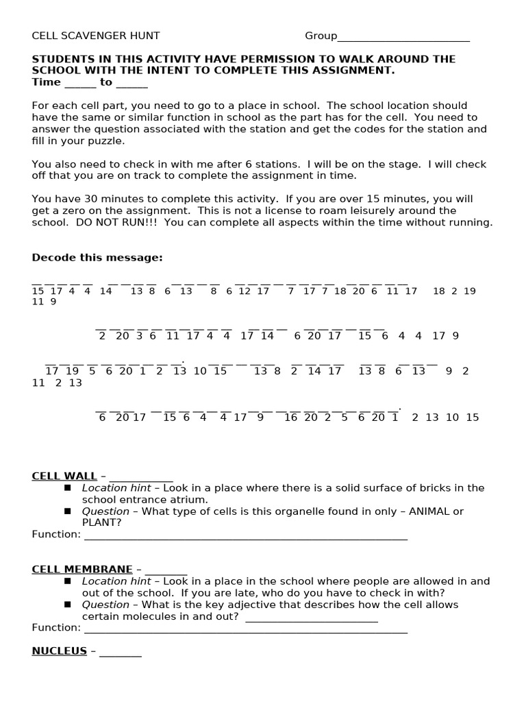 Cell Scavenger Hunt Activity Guide | PDF | Endoplasmic Reticulum | Cell ...