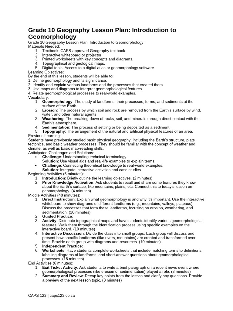 Grade 10 Geomorphology Lesson Plan | PDF | Geomorphology | Earth Sciences