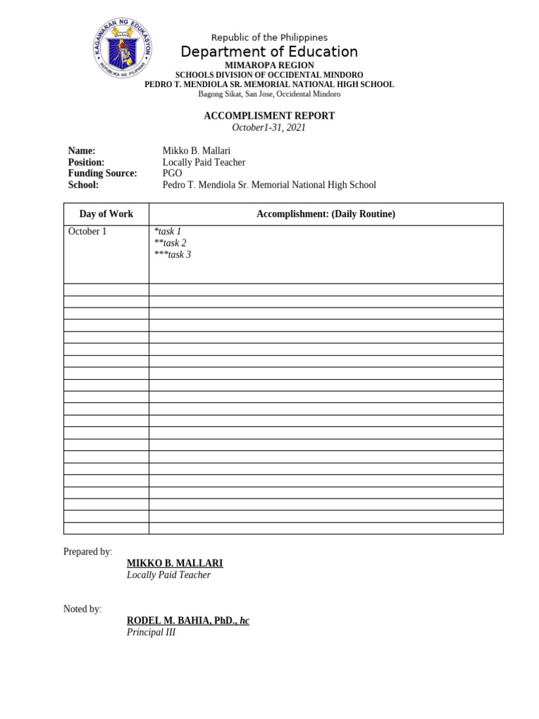 Accomplishment Report Pattern 1 | PDF