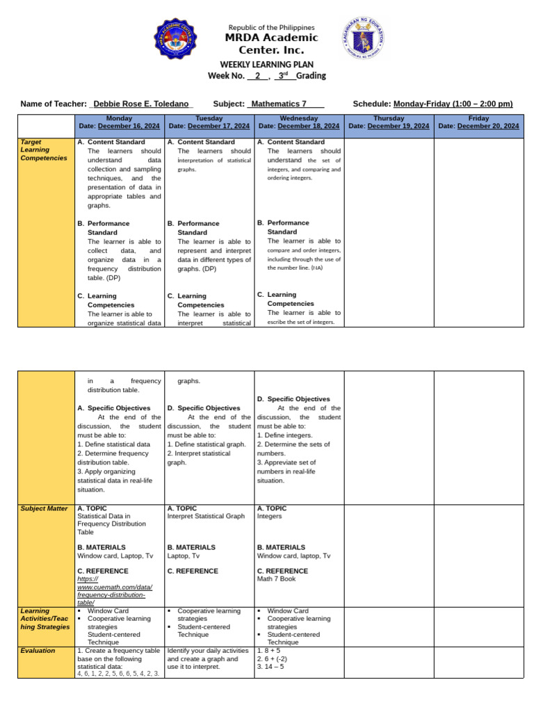 Grade 7 Math Learning Plan | PDF | Learning