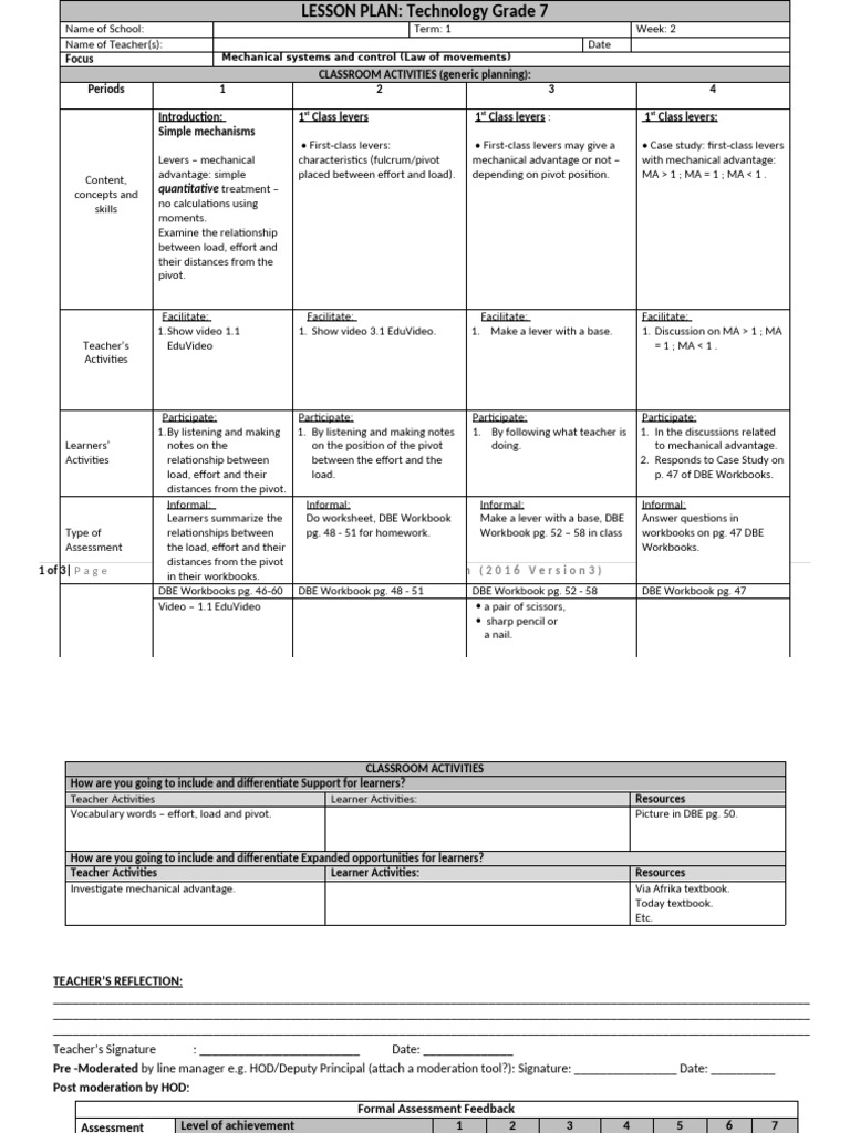 Technology Grade 7 T1 Lesson 2 Pdf Lever Kinematics