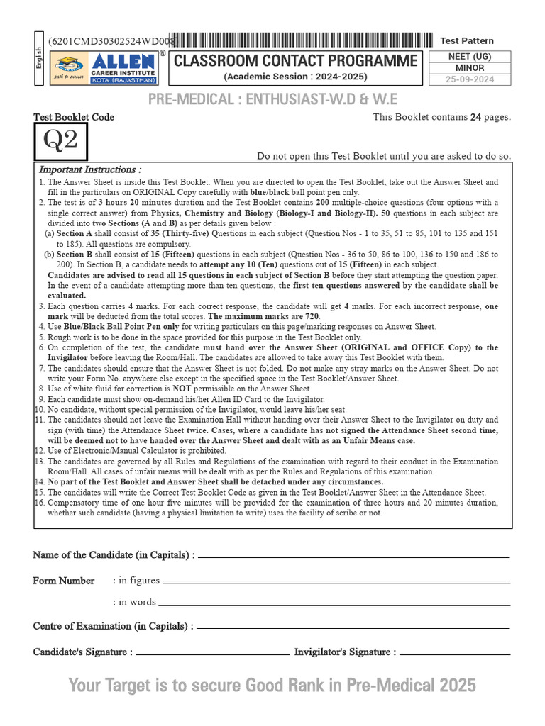 NEET UG 2024 Test Booklet Guidelines | PDF | Inductor | Capacitor