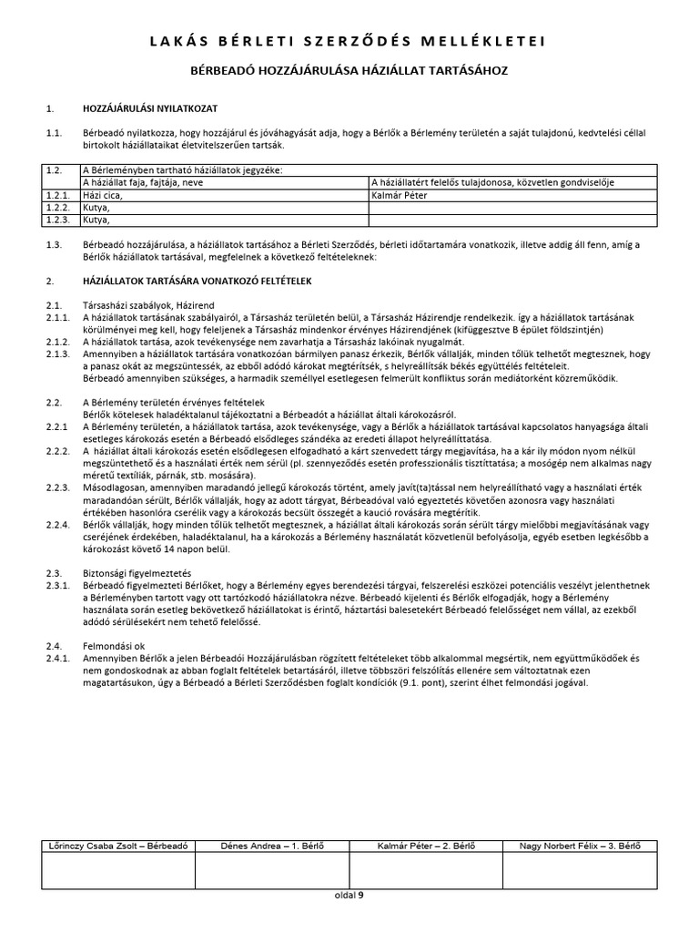 BÉRLETI SZERZŐDÉS Melléklet - Háziállat | PDF