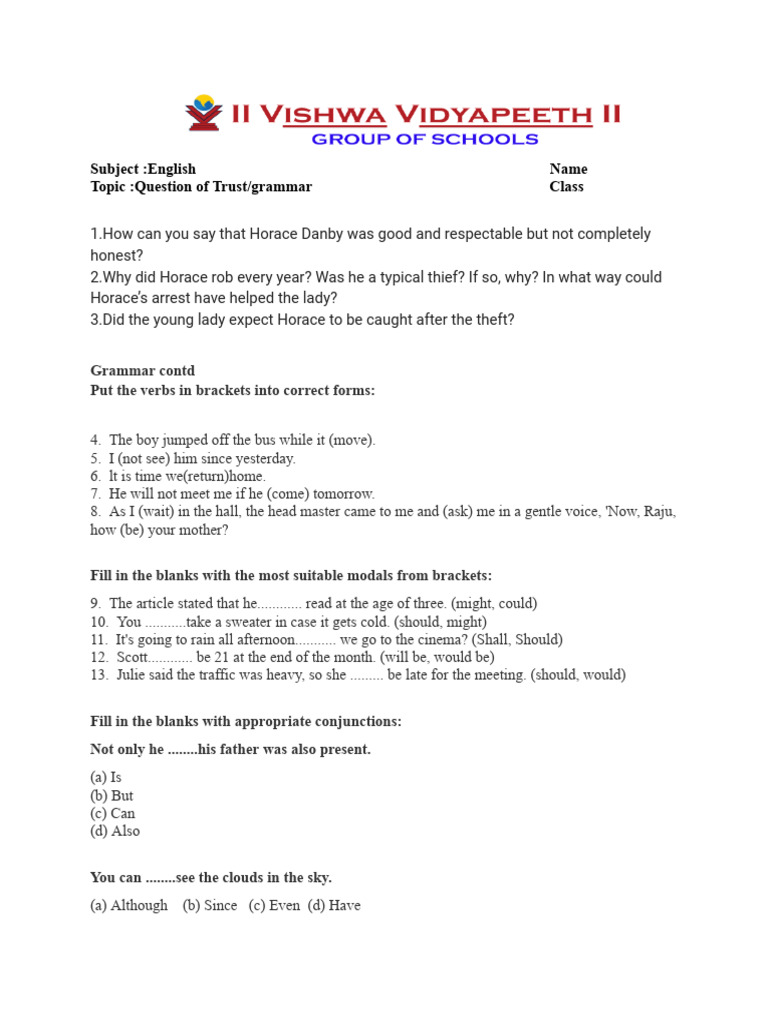 Worksheet 2 (Question of Trust (Grammar) ) | PDF