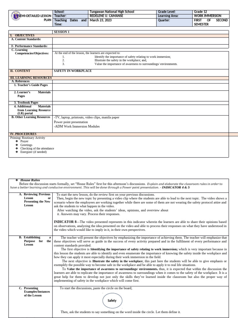 Workplace Safety Lesson Plan for Grade 12 | PDF | Learning | Teachers