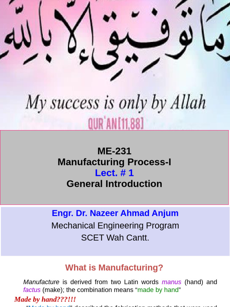 Lect-1-Intro-Manufacturing Processes | PDF | Machining | Engineering