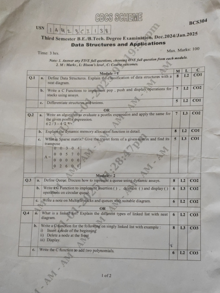 BCS304 Jan.2025 | PDF | Computer Programming | Algorithms And Data Structures