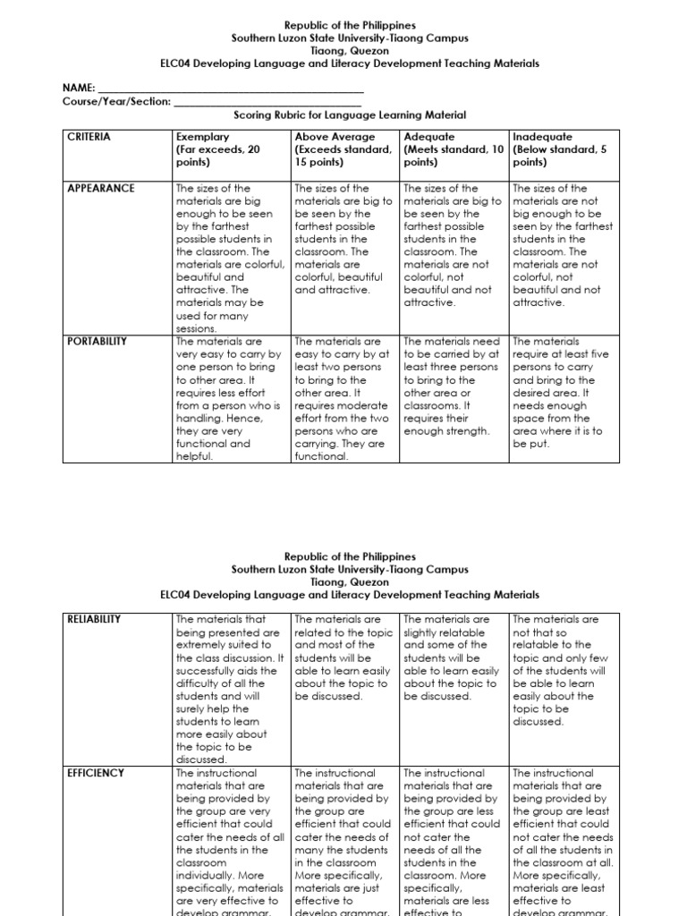 Rubrics for Exhibit on Developing Instructional Materials in Language ...
