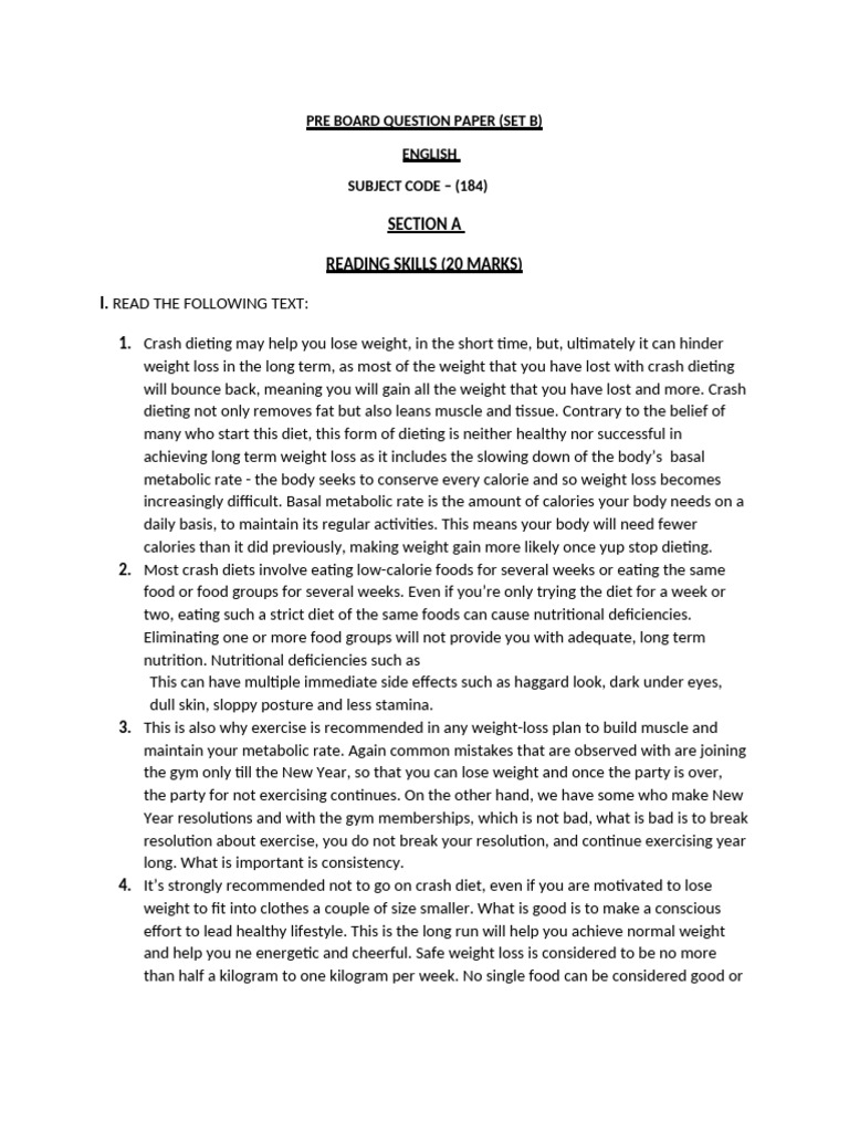 Pre Board Question Paper (Set B) | PDF | Dieting | Weight Loss