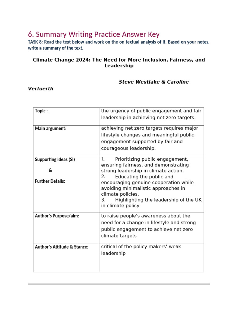 Summary Writing Practice Answer Key | PDF | Leadership | Policy