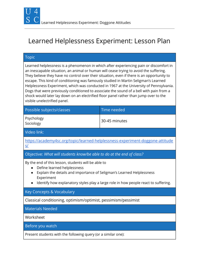 Learned Helplessness Lesson Plan | PDF | Optimism | Cognition